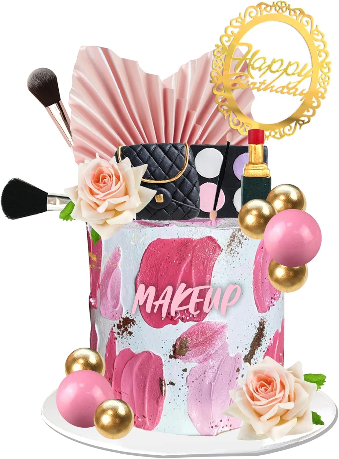 Amazon.com: Makeup Cake Topper Cosmetics Artificial Rose Palm Leaves ...