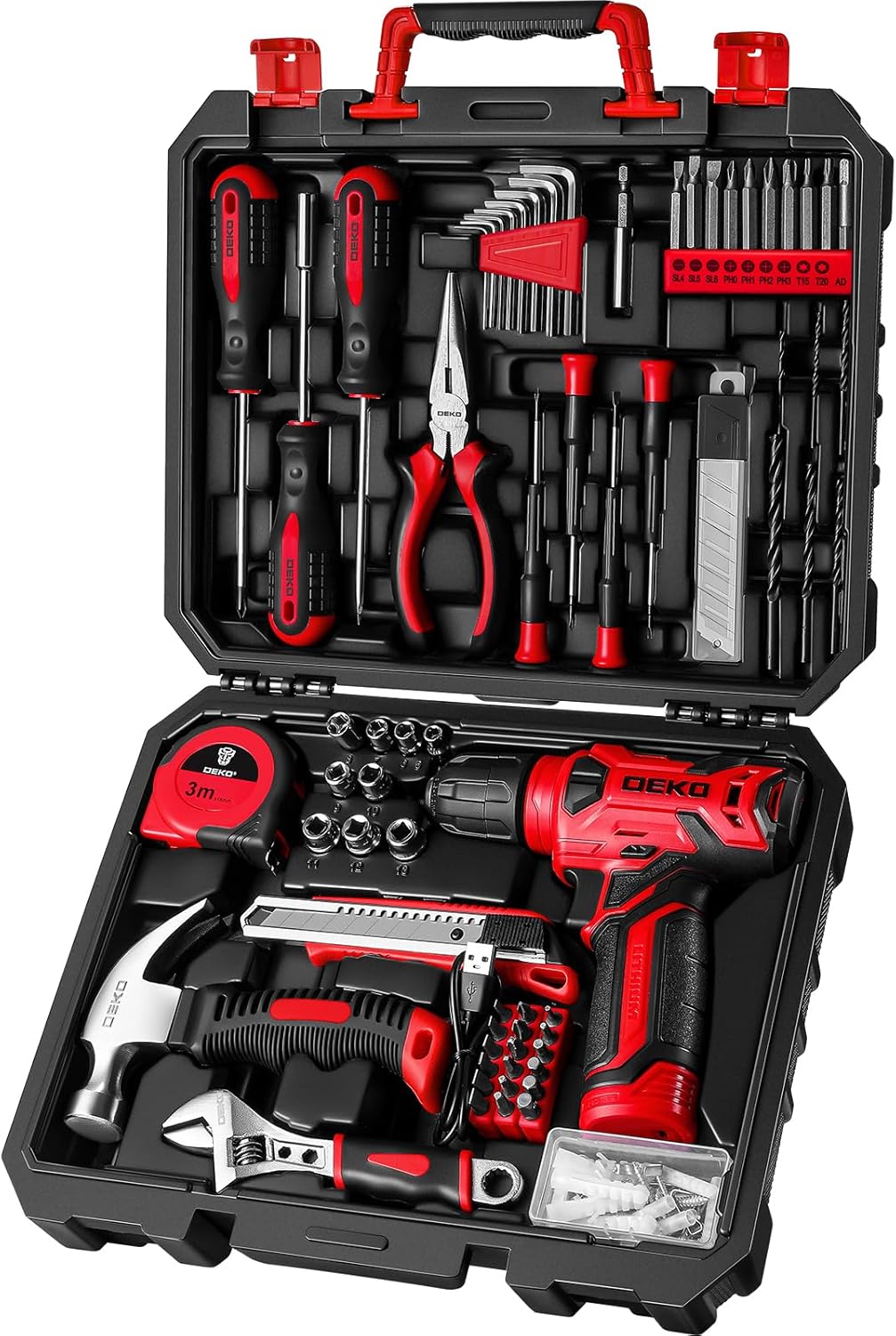 DEKOPRO - Juego de herramientas con taladro inalámbrico rojo de 8 V ...