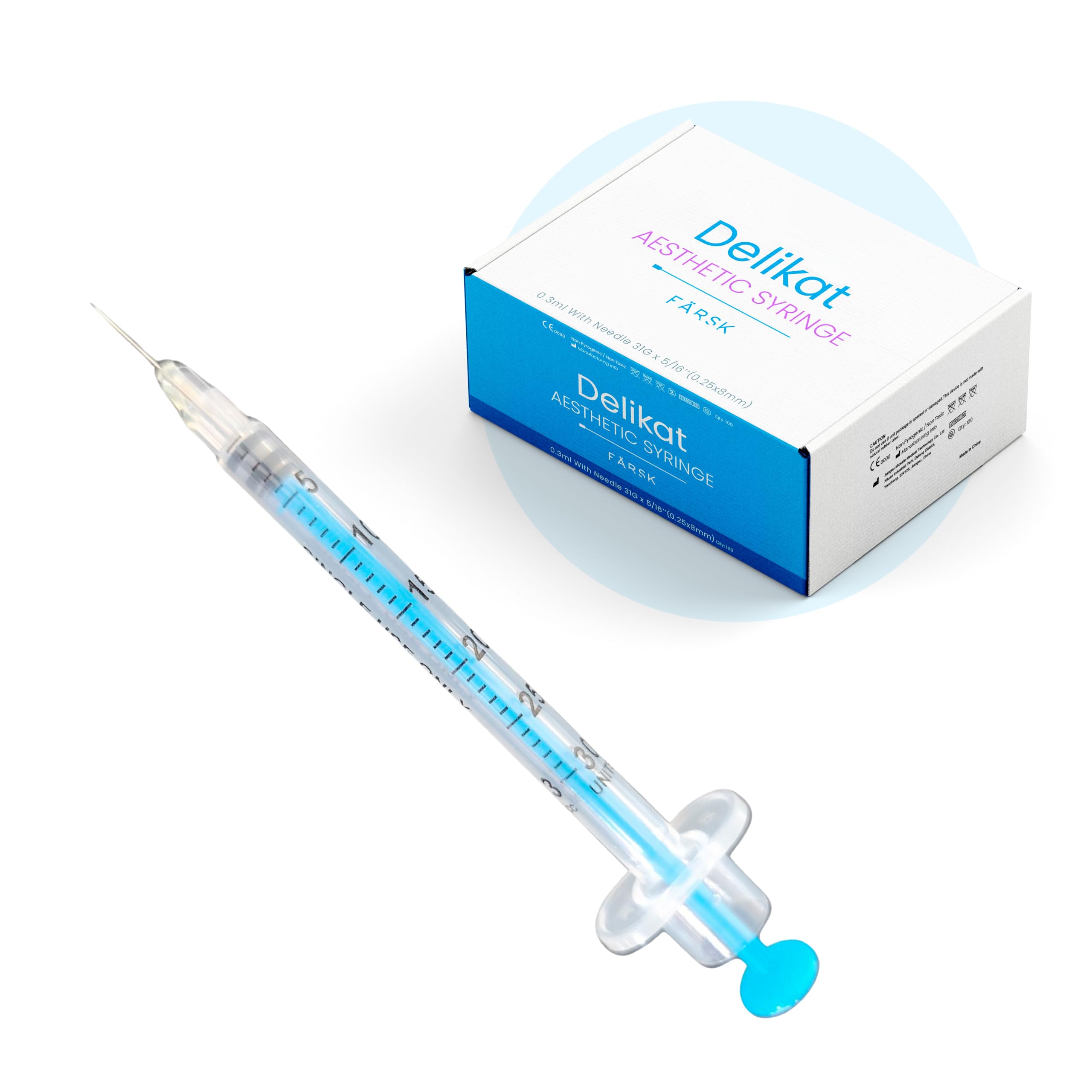 Delikat, Aesthetic Syringe 0.3mL with Needle 31G x 5/16" (8mm), 100 ...