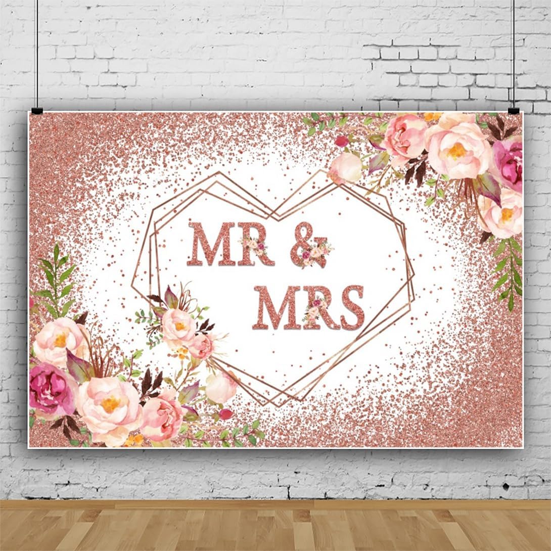 Amazon.com : Vinyl 10x8ft Miss to Mrs Backdrop Pink Flowers Rose Gold ...