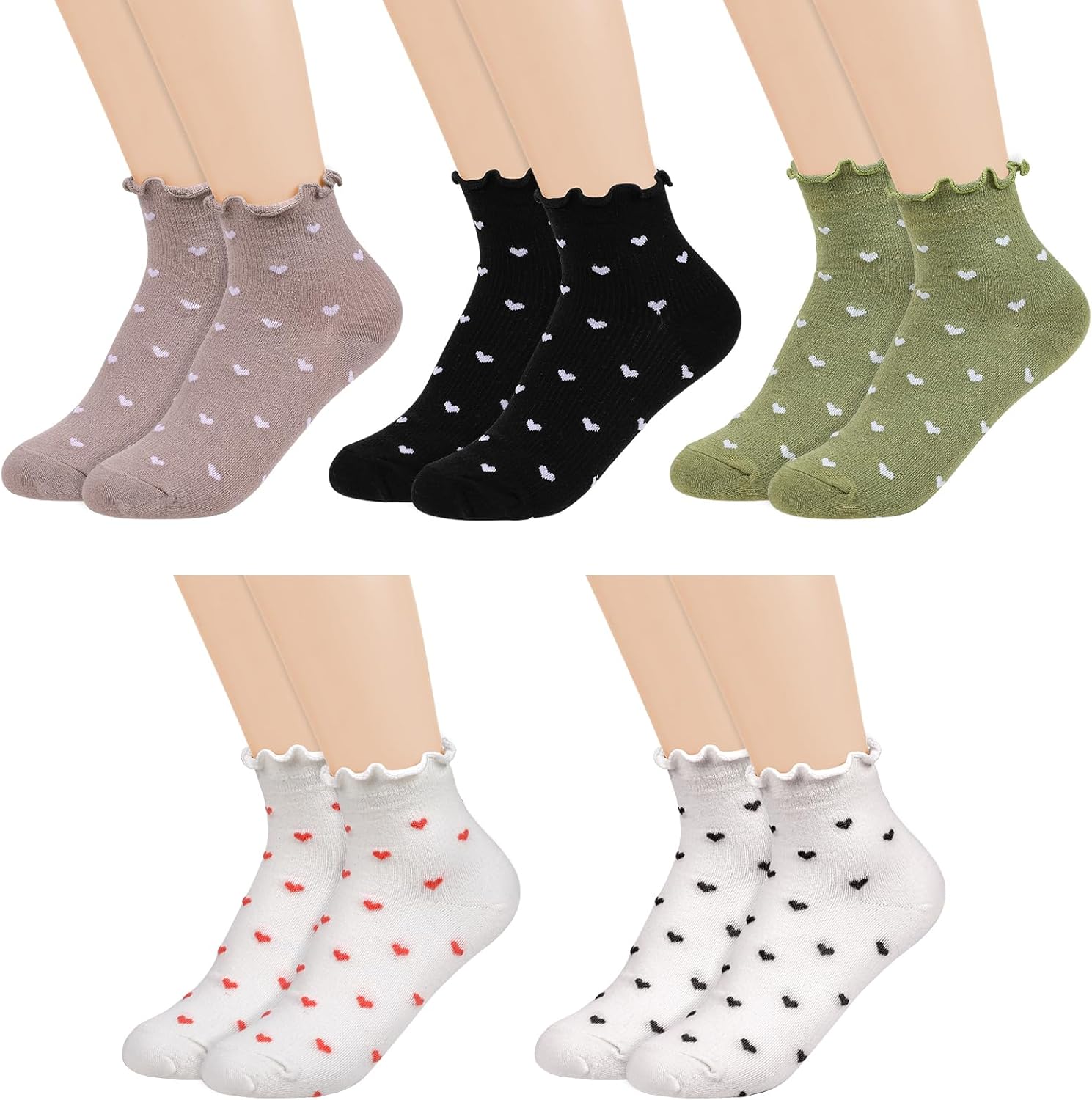 KALIONE 5 Pairs Ruffle Socks Women Heart Socks Cute Frilly Socks Heart ...