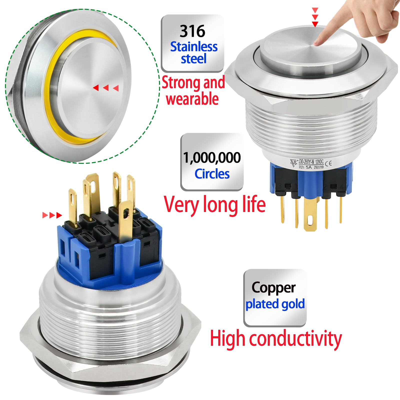 Snapklik.com : Big Push Button Switch 30mm Latching High Head Round ...