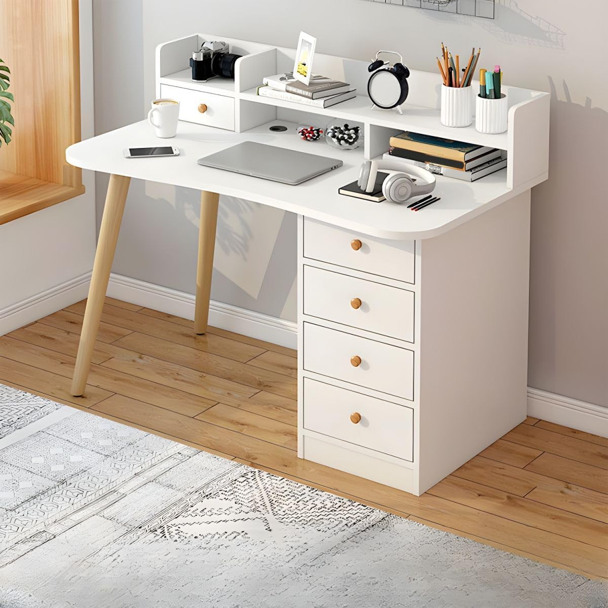 Amazon.com: LAKIQ Modern White Small Writing Desk with Hutch and ...