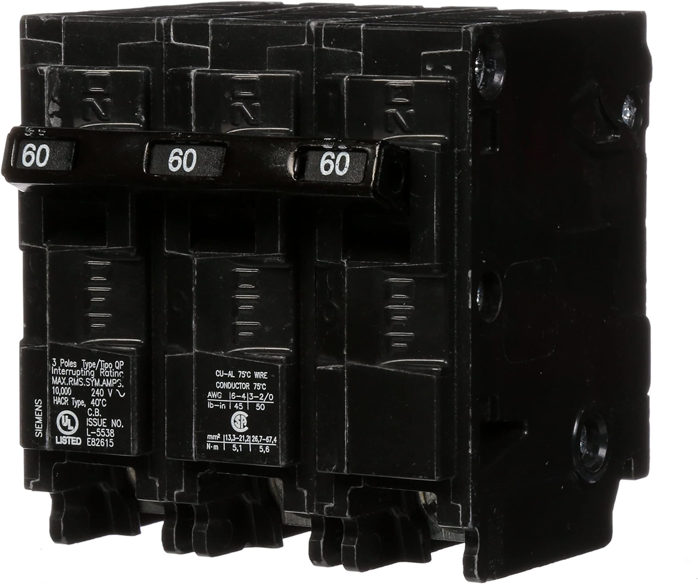 SIEMENS BQD360 60-Amp Three Pole 480Y/277V AC 14KAIC Bolt in Breaker ...