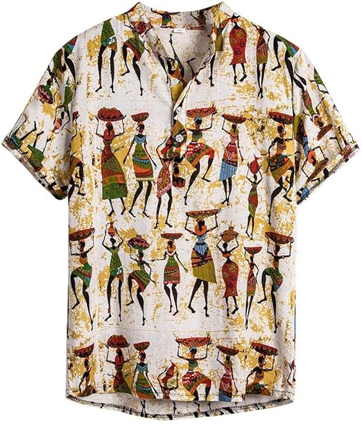 Fankle Hawaiian Shirts for Men Linen Short Sleeve Ethnic Floral Print ...