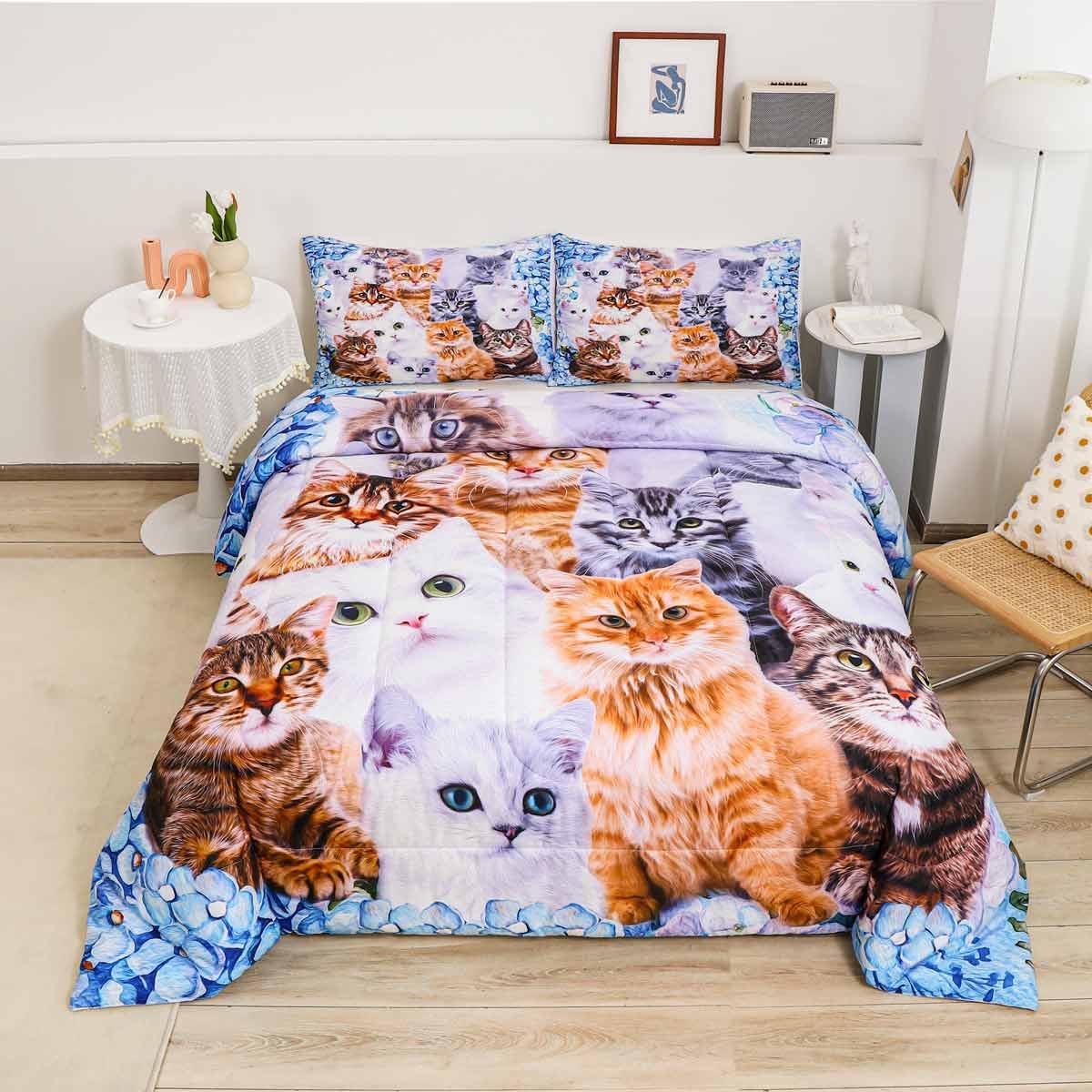 Amazon.com: Kids Cute Cat Comforter Cartoon Pet Cats Toddler Bedding ...