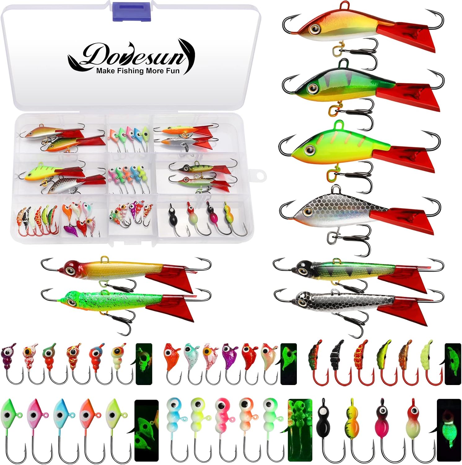 Dovesun Ice Fishing Jigs Kit, Ice Fishing Lures with Glide Tail Wings ...