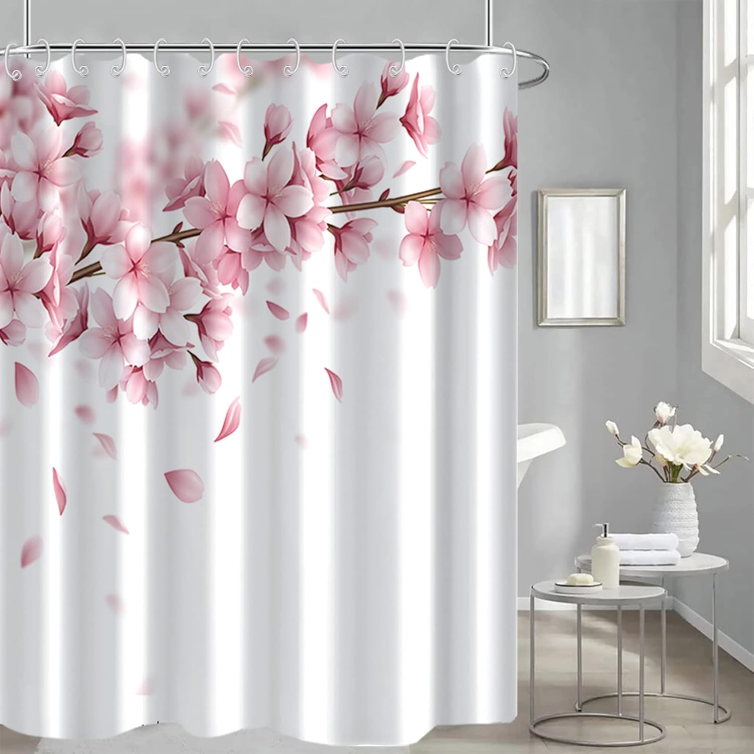 Amazon.com: Bovlleetd Pink Floral Shower Curtain Spring Nature Plant ...