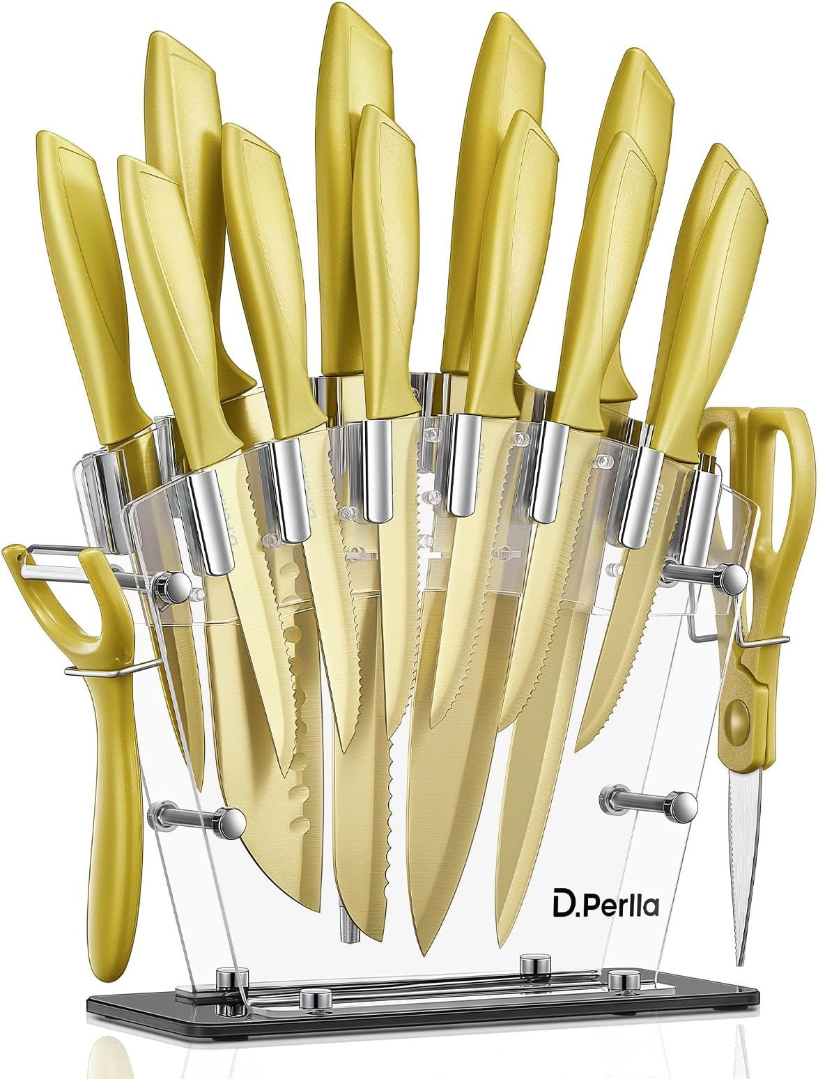 CHROME CLUB Stainless Steel White and Gold Knife Set with Block - 7 ...