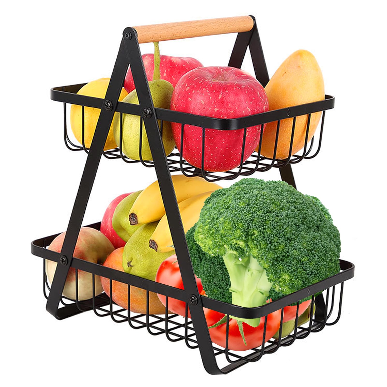 2 Tier Fruit and Vegetable Cake Stand, Fruit Bowl Metal with Wooden ...