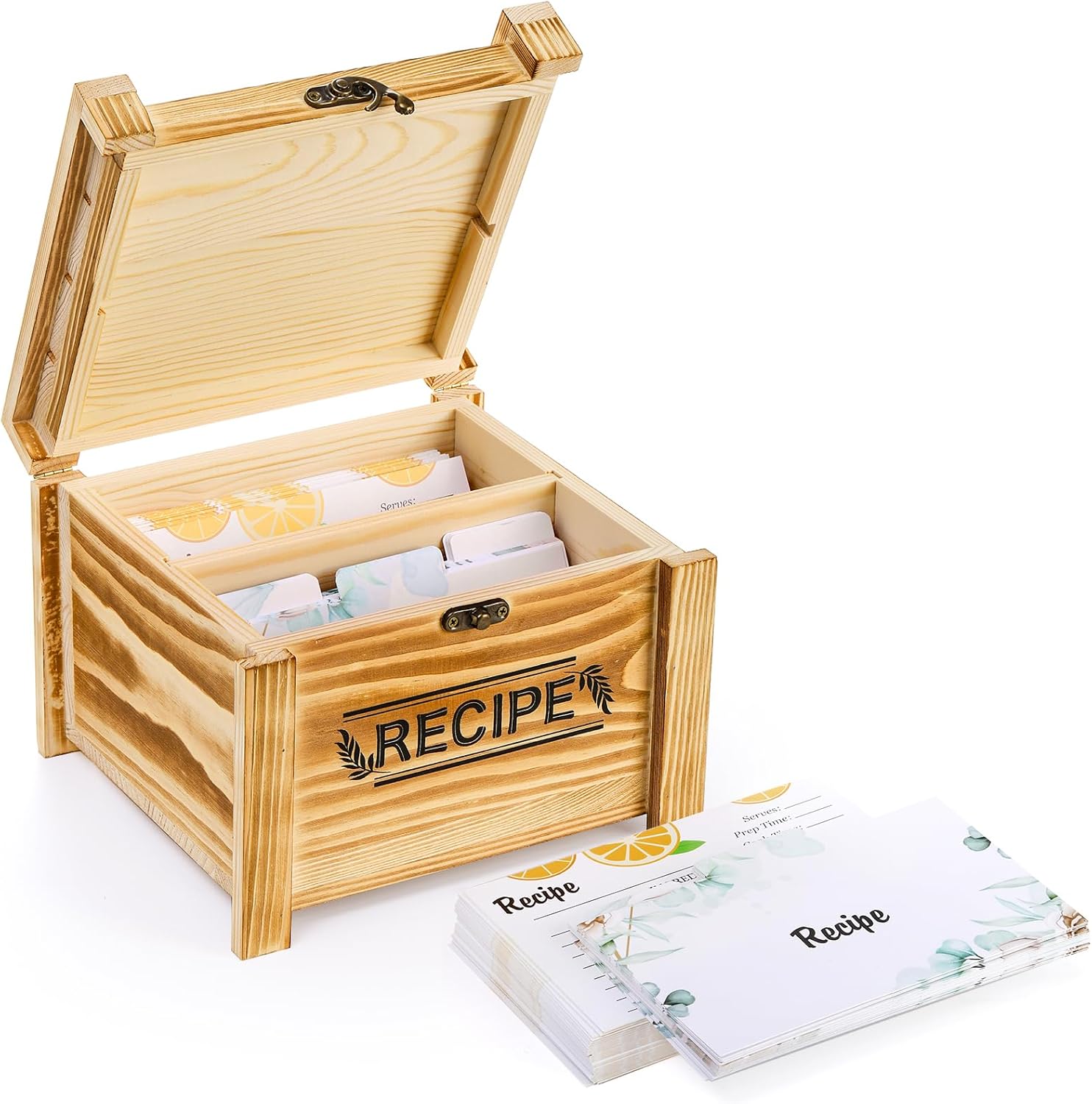 Amazon.com: Youeon Wood Recipe Box with Cards and Dividers, Recipe ...