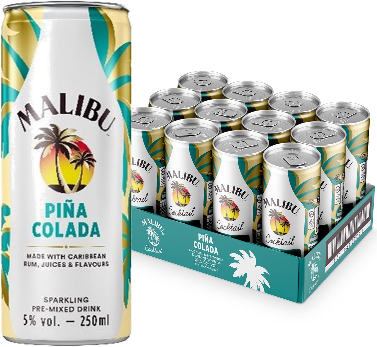 Malibu Pre-Mixed Pina Colada Rum Can, 12 x 25cl (Case of 12) : Amazon ...