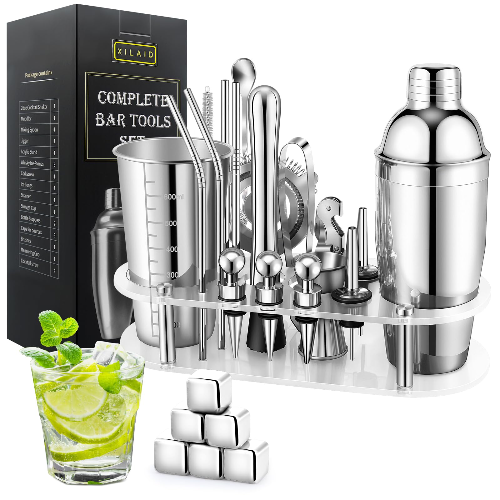 XILAID 26 Piece Cocktail Shaker Bar Set, Stainless Steel Bartender Kit ...