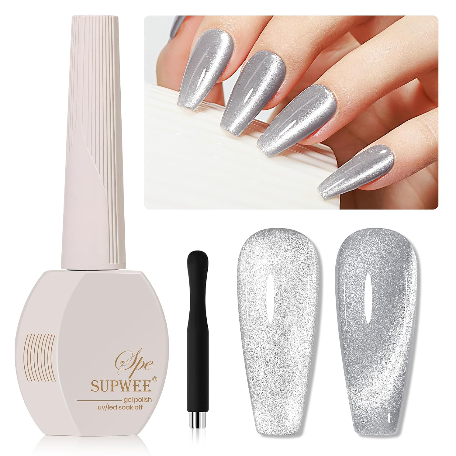 Amazon.com: SUPWEE Silver Cat Eye Gel Polish, Magnetic Holographic Gel ...