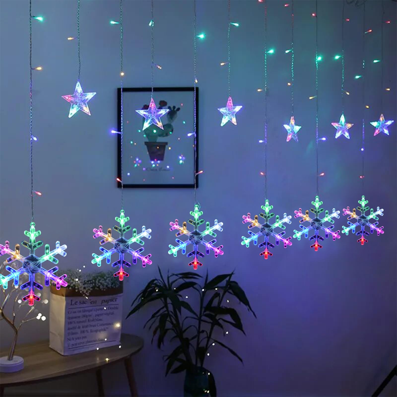 Fohil Star Snowflake Curtain Lights,126 LEDs 6 Stars 6 Snowflake ...