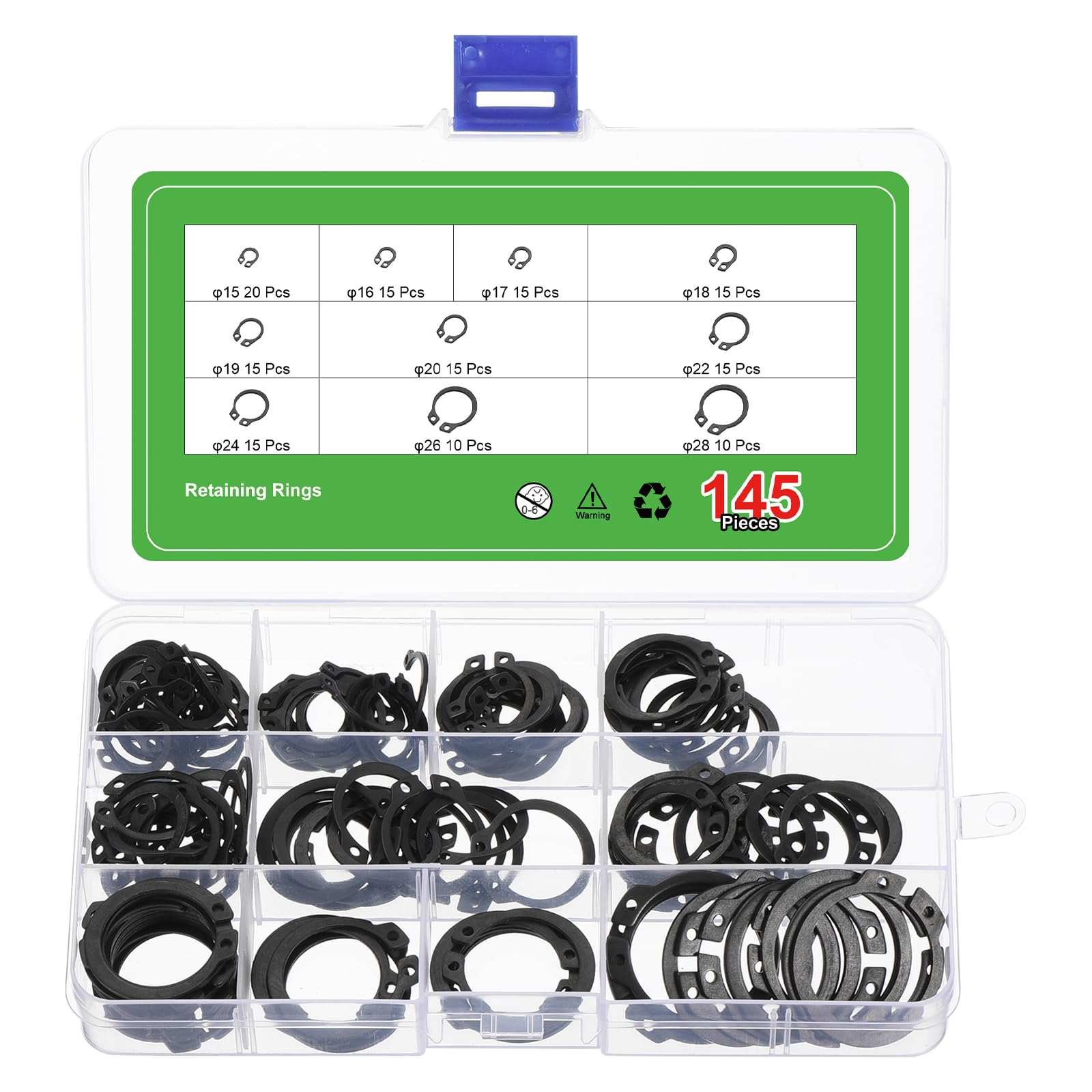 uxcell 145 Pcs External Retaining Rings, 10 Sizes(M15, M16, M17, M18 ...