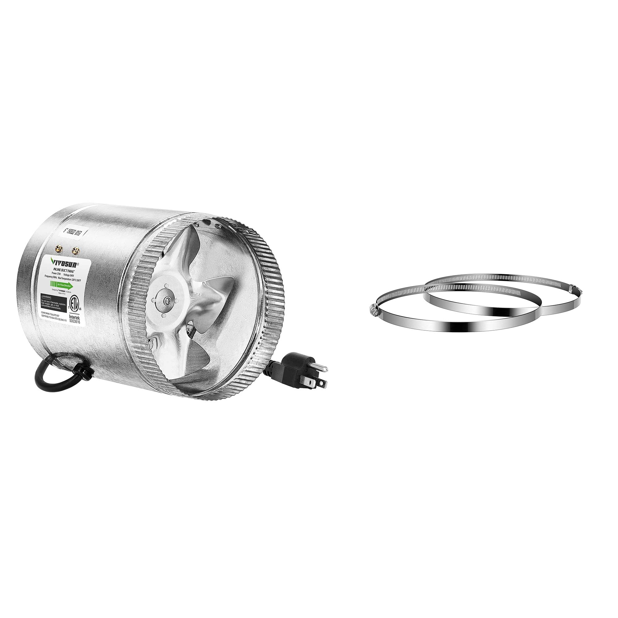 VIVOSUN 6 Inch Inline Duct Fan-Stainless Steel Air Ducting Clamps ...