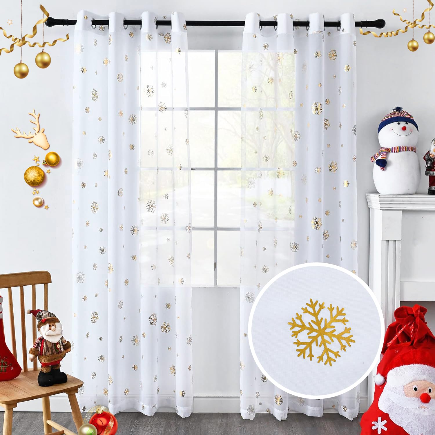 Amazon.com: youleyar Snowflake Christmas Sheer Curtains, Luxury Gold ...