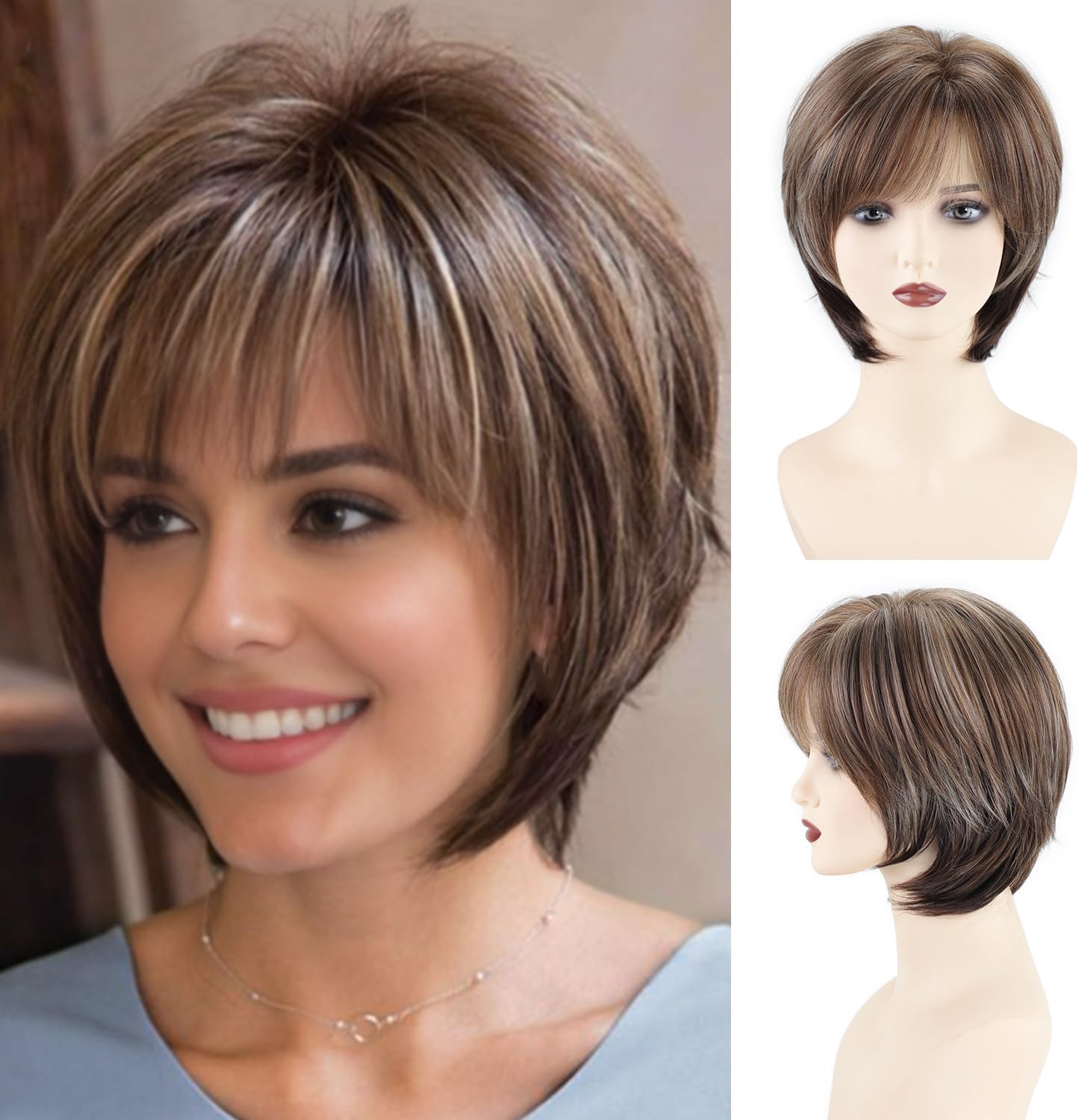 Amazon.com : SEVENCOLORS Short Mixed Brown Wigs for White Women Natural Layered Brown Mix Blonde ...