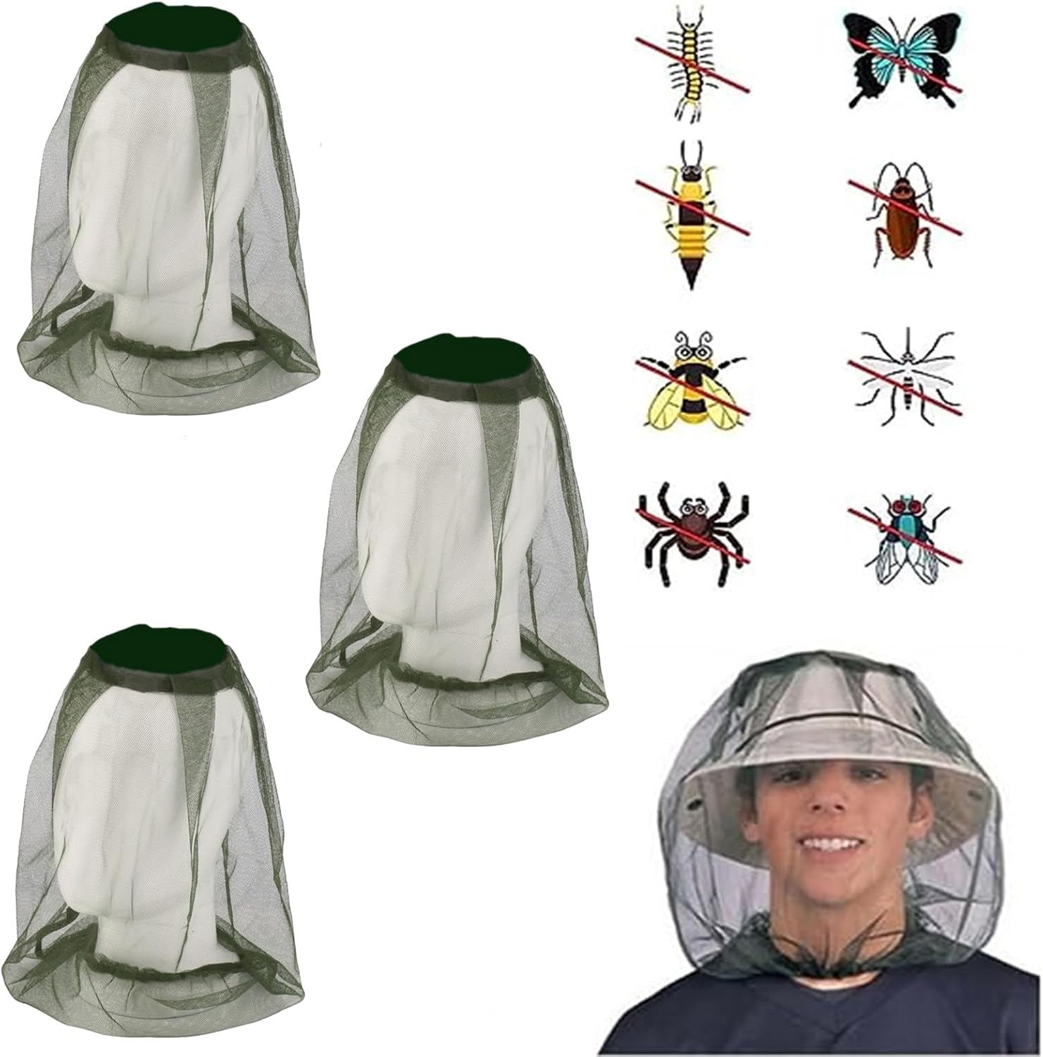 3 Pack Premium Head Net, Face Mesh with Extra Fine Holes, Mosquito Hat ...