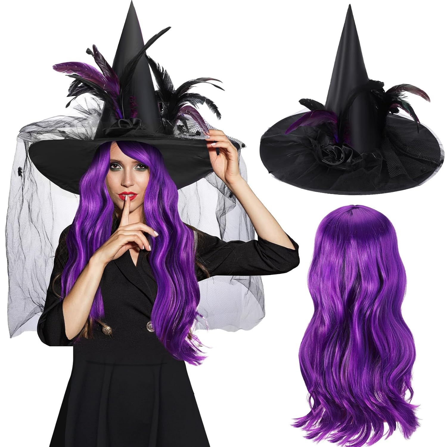 Amazon.com: Ramede 2 Pcs Halloween Witch Hat Costume Set for Women ...