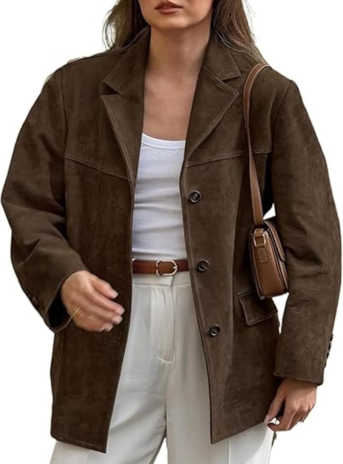 Women's Fall Fashion Suede Jacket,Brown Faux Leather Jacket Outerwear ...