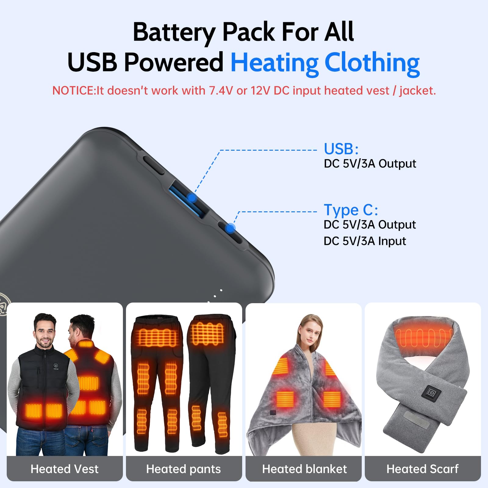 Snapklik.com : DOACE Battery Pack For Heated Vest, 10000mAh 5V/3A Power ...