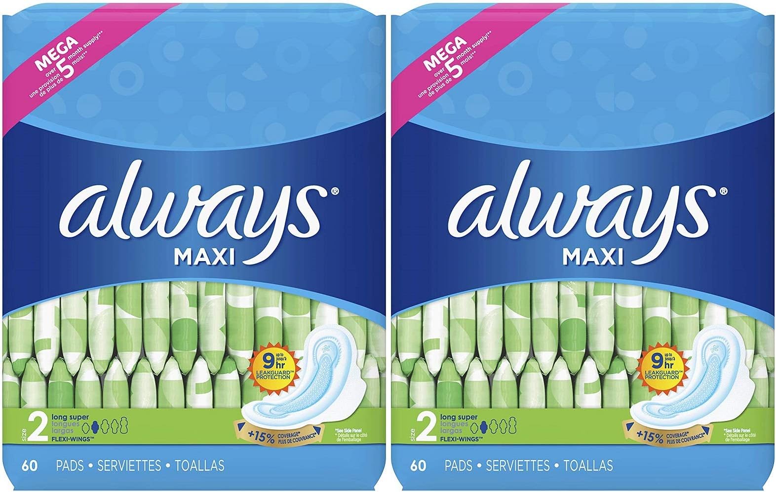 Amazon.com: Always Maxi Size 2 Long Super Pads with Wings, Unscented ...