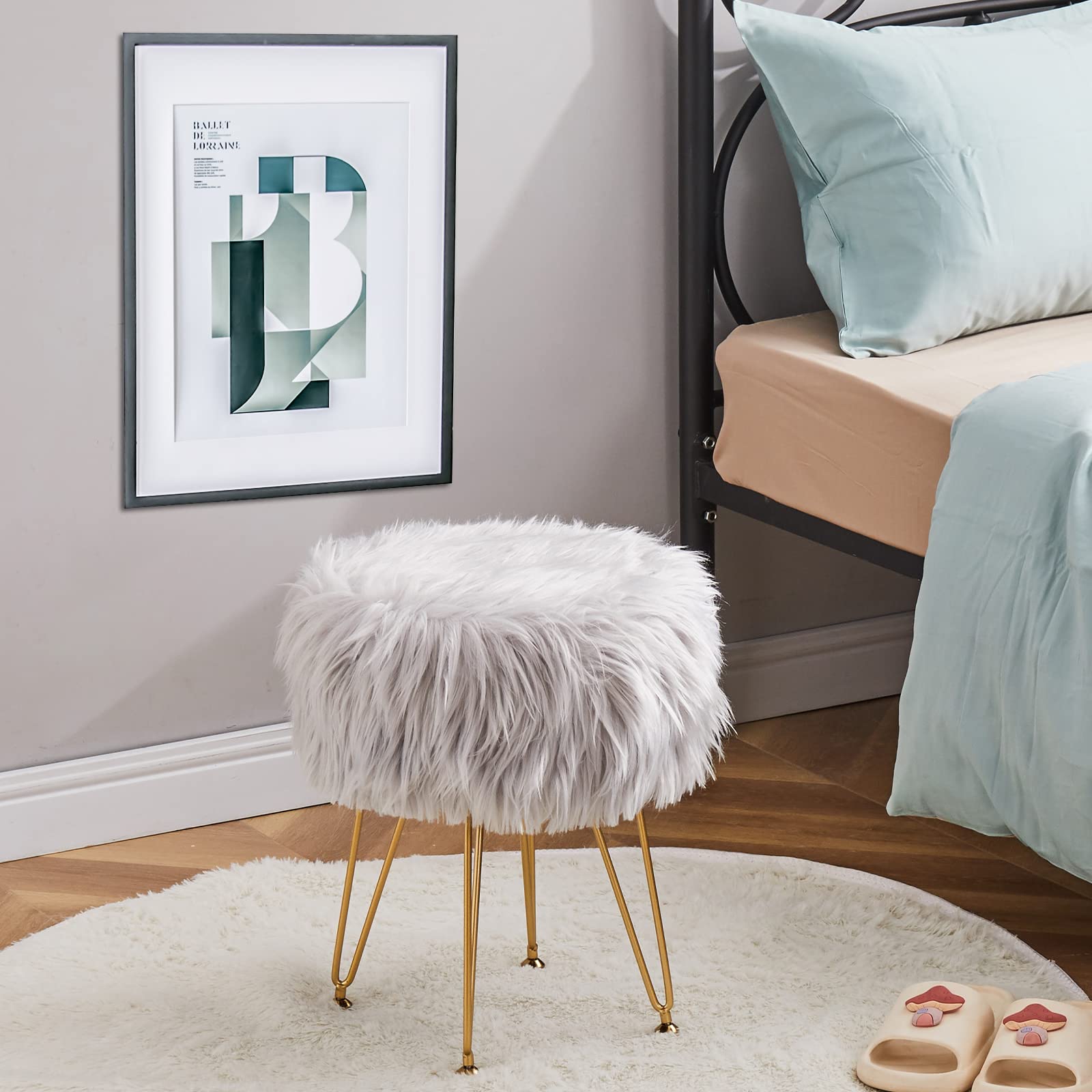 Mxfurhawa Faux Fur Storage Ottoman Round Furry Vanity Stool Marble ...