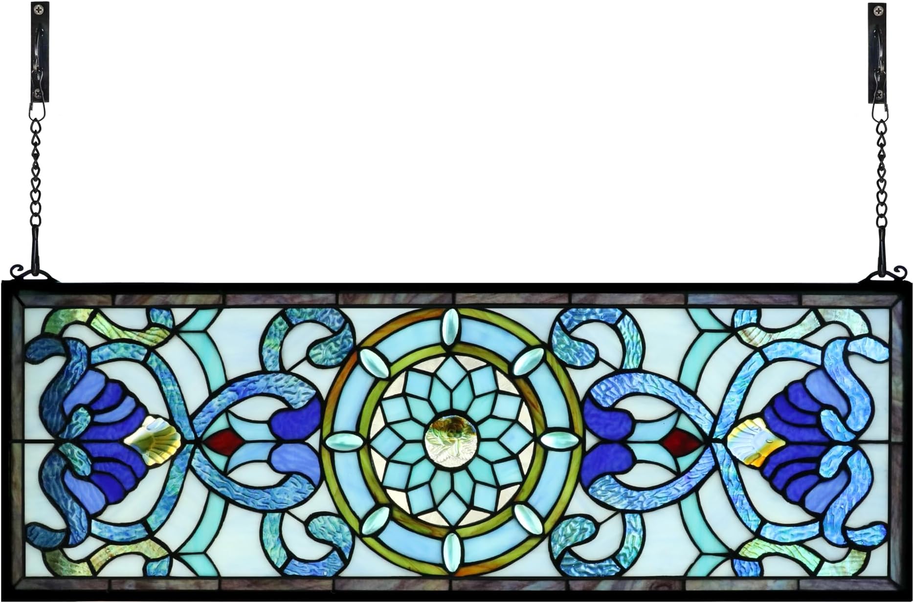 Amazon.com: Yogoart Extra Large Horizontal Blue Victorian Stained Glass ...