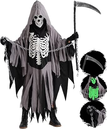 Amazon.com: Grim Reaper Costume Kids Boys White Skull Reaper Cosplay ...