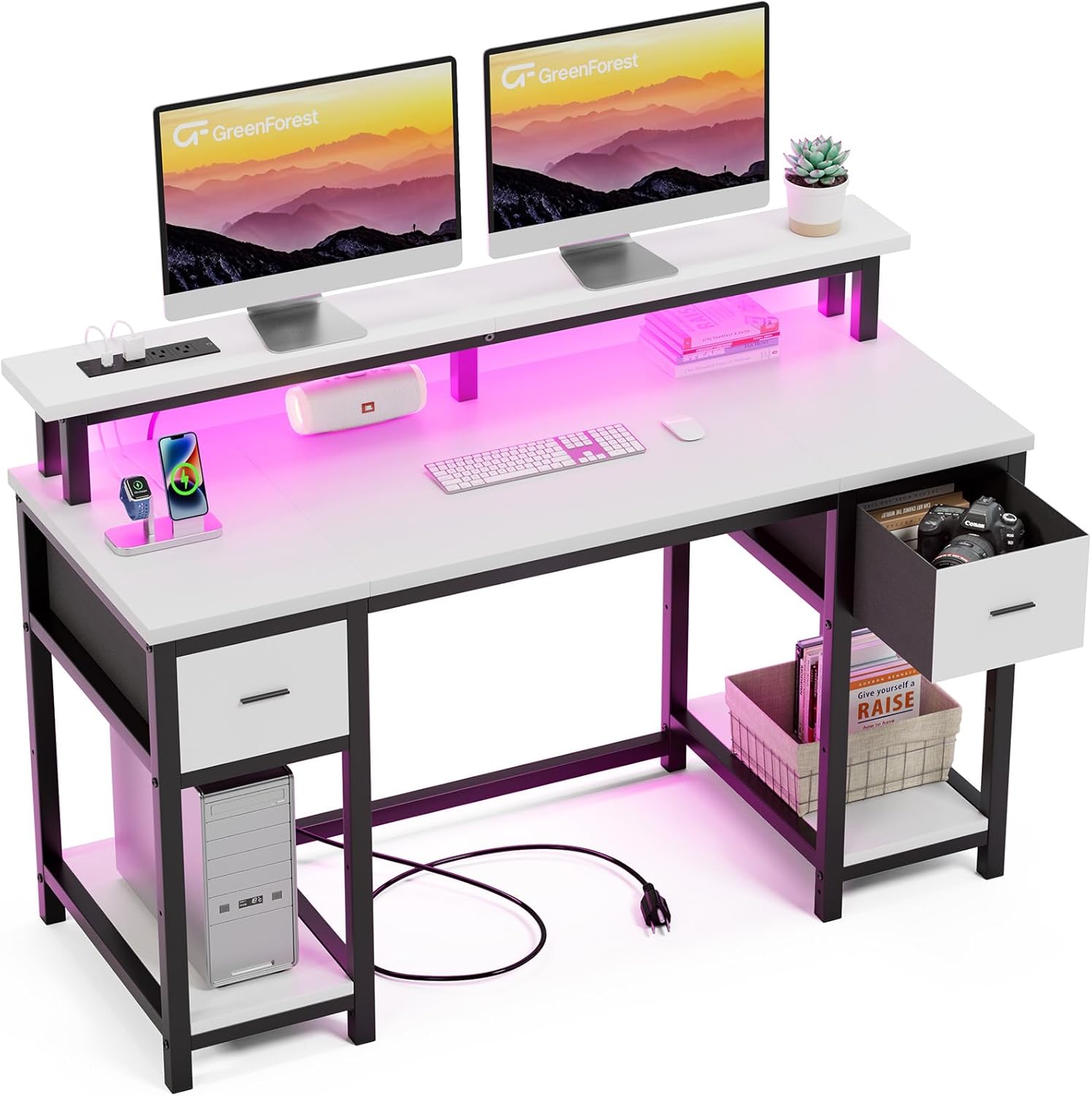 GreenForest Computer Desk 50 Inch with Monitor Stand and LED Lights ...