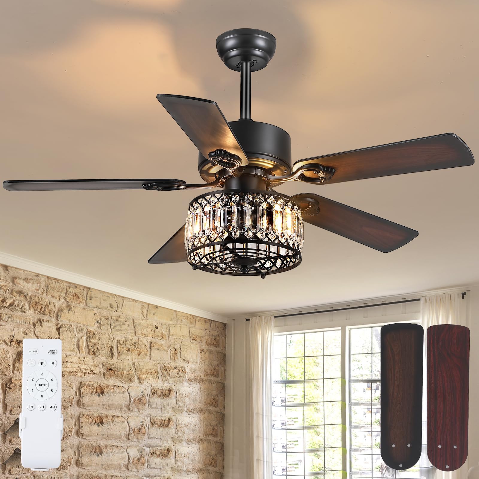 Kviflon Chandelier Ceiling Fans with Lights, Crystal Ceiling Fan with ...