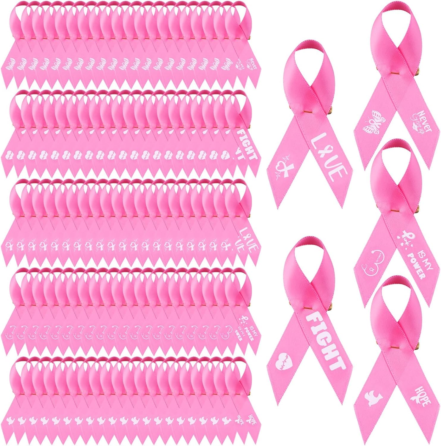 100 PCS Breast Cancer Awareness Pink Ribbon Pins Hope Power Love Fight ...
