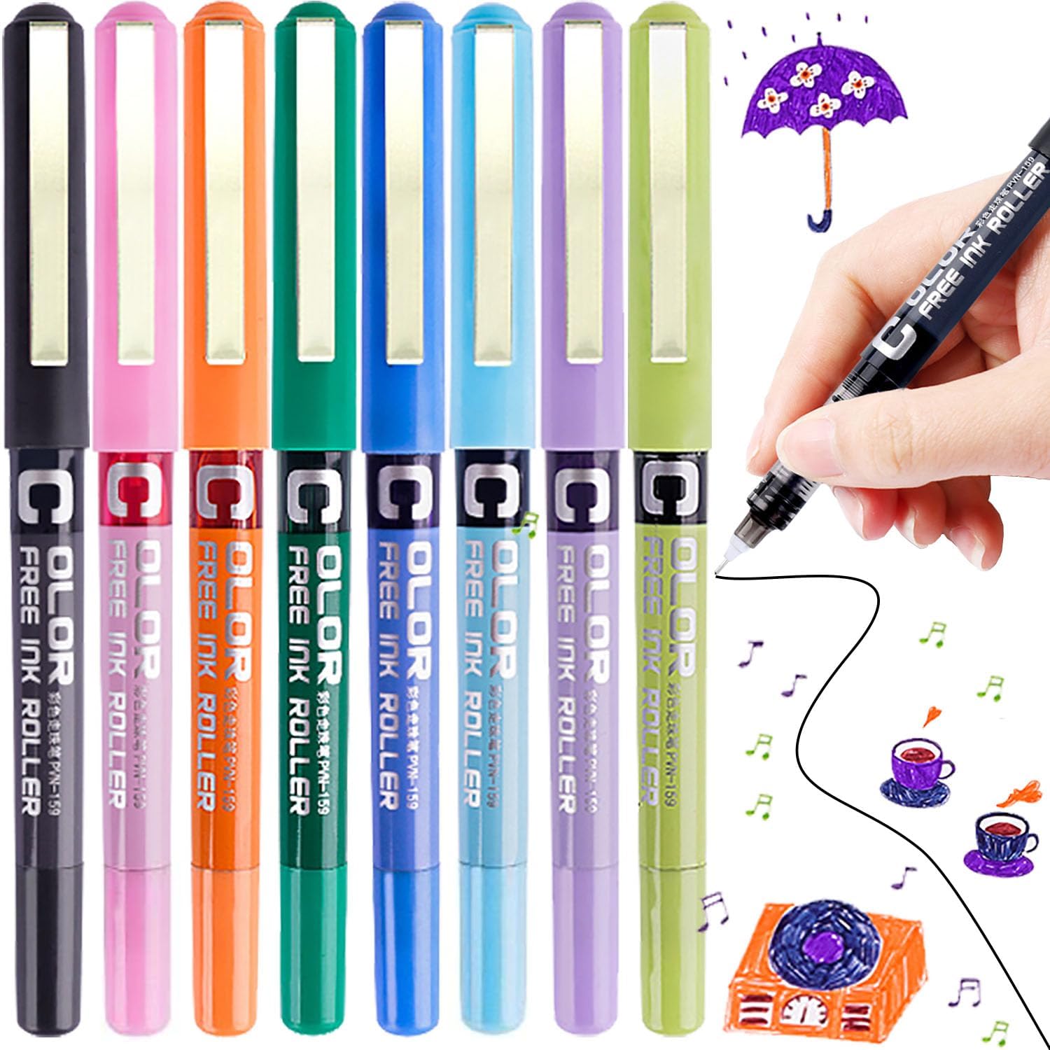 8 Rollerball Pens Coloured Gel Pens for Writing, 0.5mm Fine Writing ...
