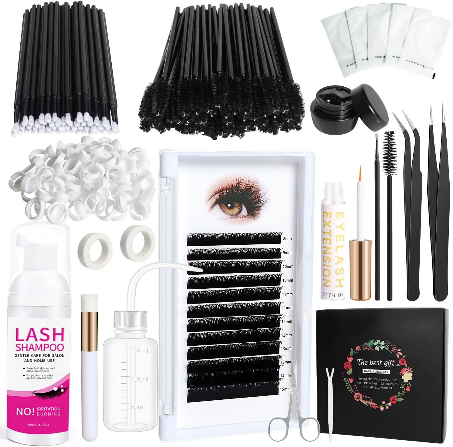 15pcs Individual DIY Eyelash Extension Kit, 60ML Lash Shampoo Mousse ...