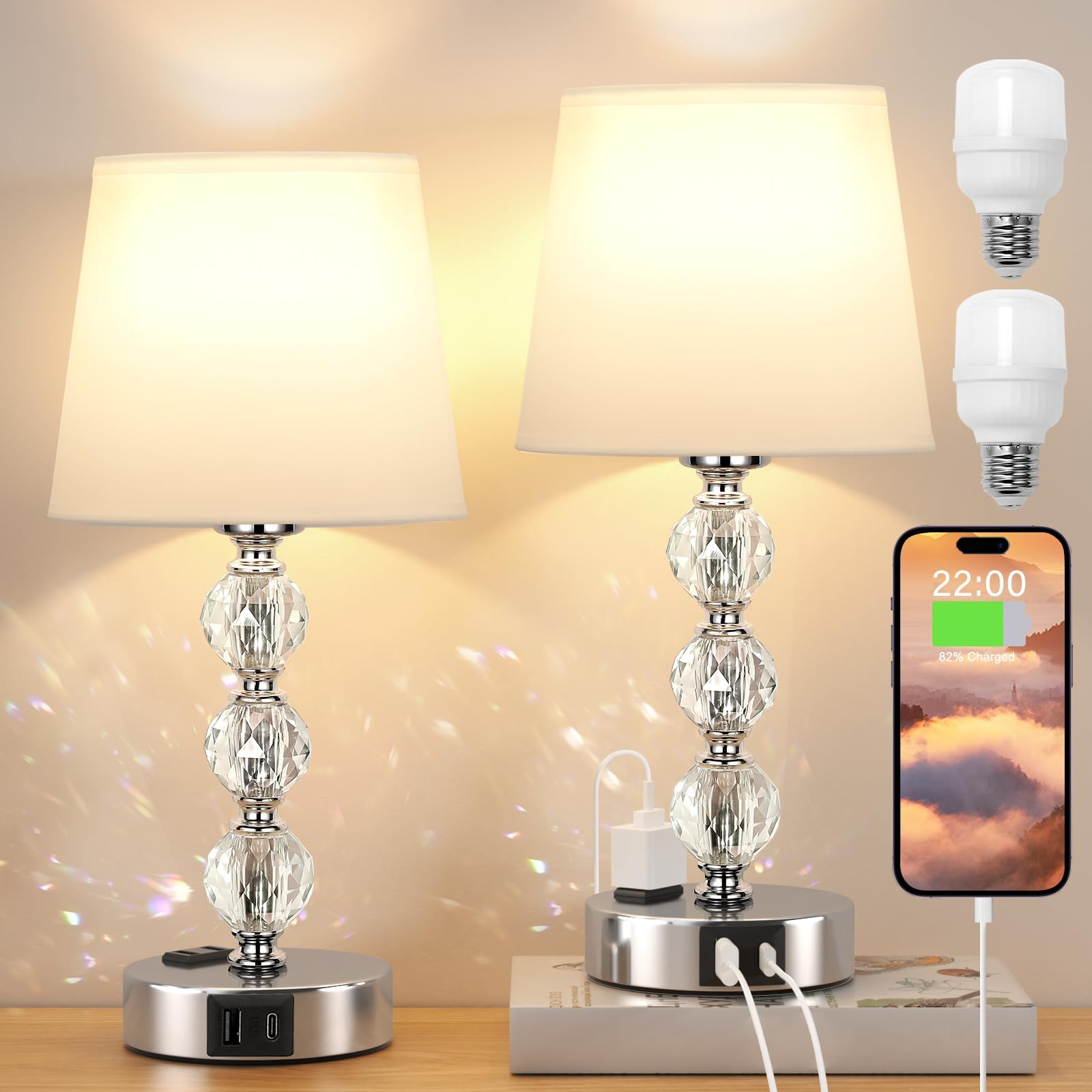Bedroom Table Lamps Set of 2 - Beige Gold Touch Bedside Lamps with USB ...