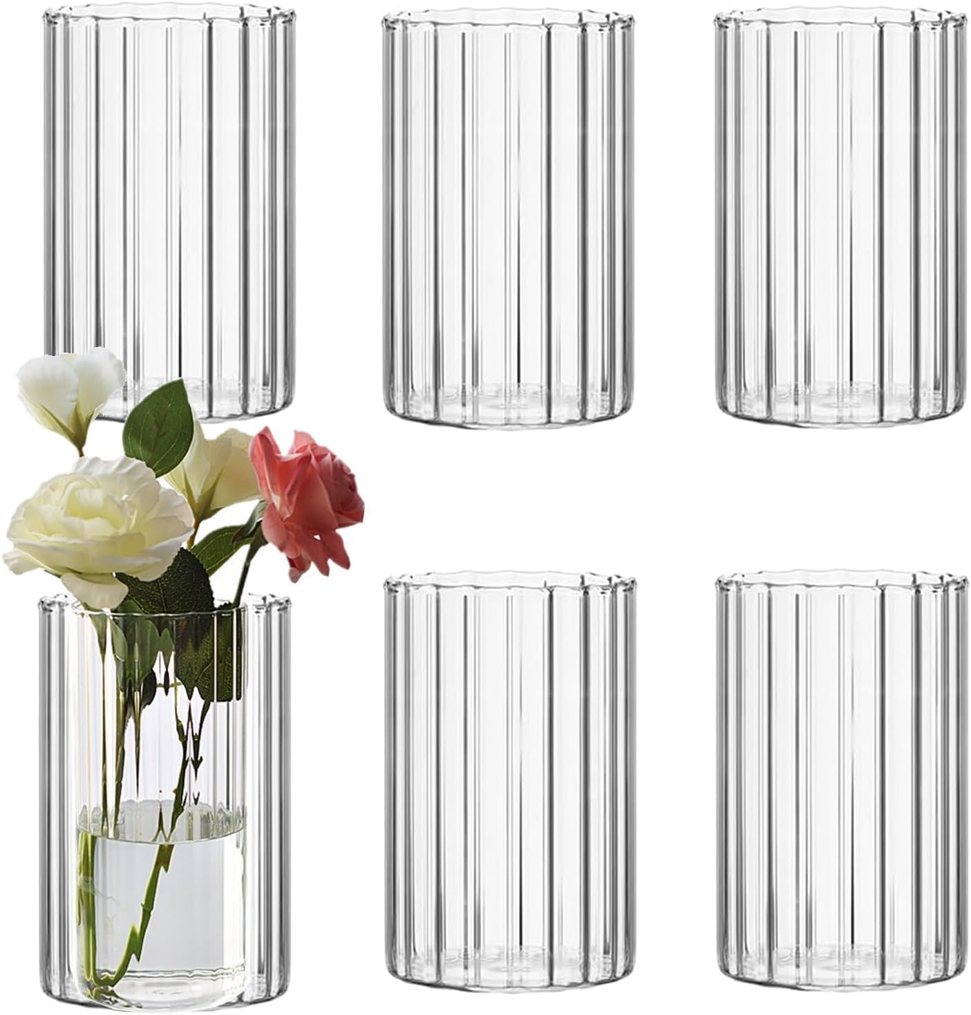 Amazon.com: Glass Cylinder Vases Set of 6 Clear Ribbed Glass Vases for ...
