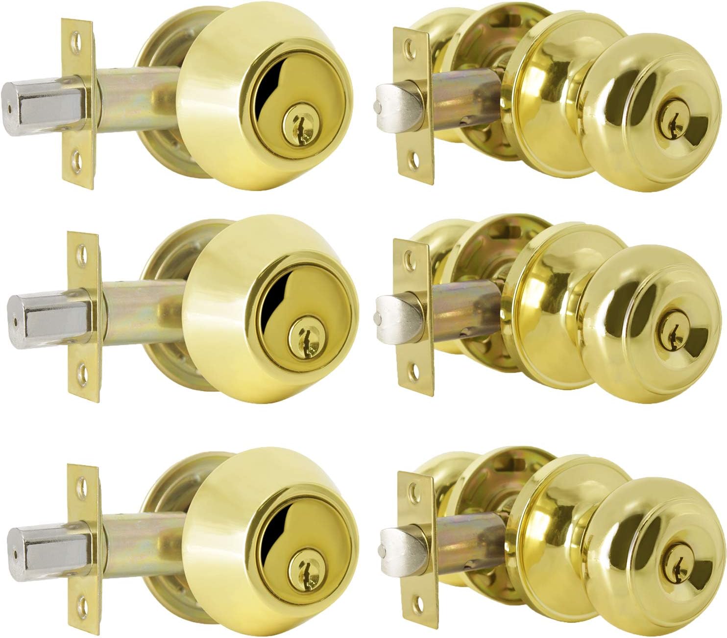 Probrico Polished Brass Entry Door Knob Lock Set and Double Cylinder ...