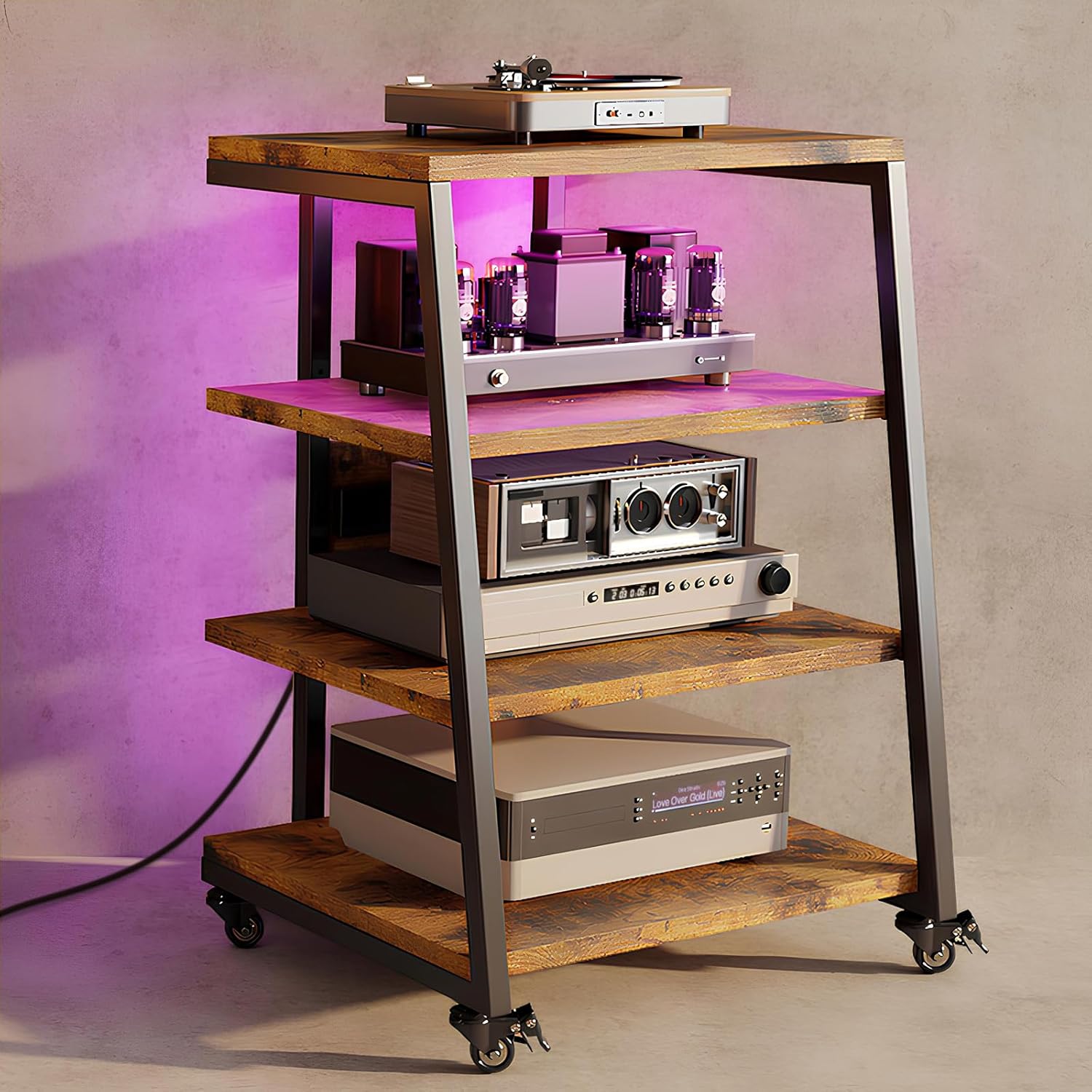 4-Tier AV Media Stand with Power Strips, Wooden Media Console with LED ...