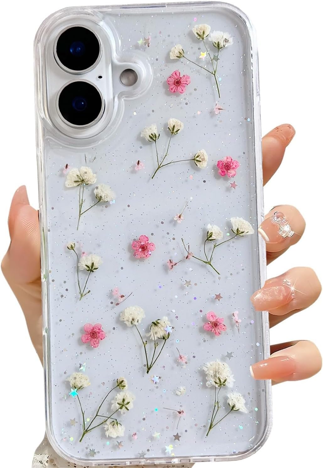 Amazon.com: LSEEKA for iPhone 16 Clear Case with Pressed Real Flowers Design,Glitter Cute Pink ...