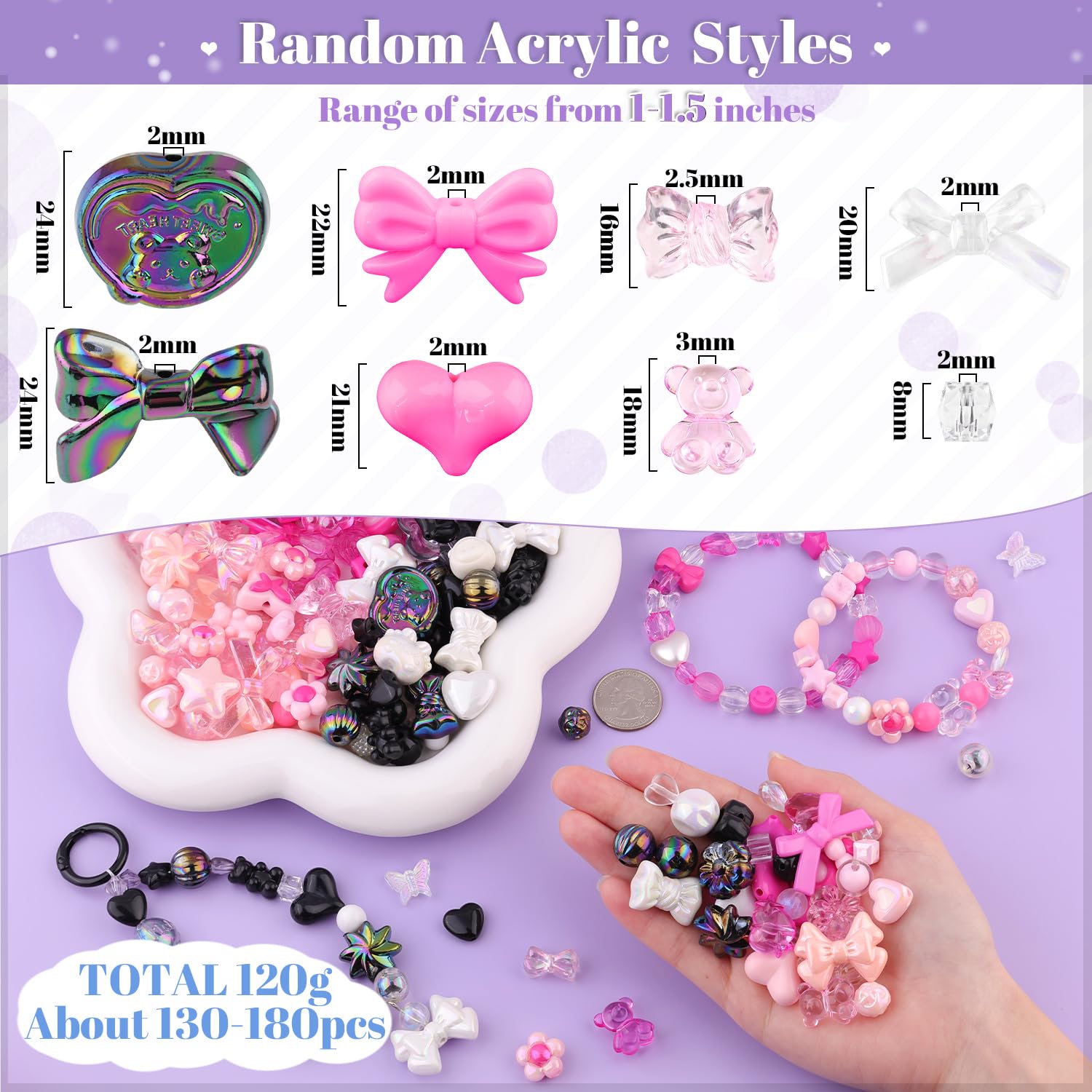 Snapklik.com : Assorted Acrylic Beads, 130-180PCS 3 Mixed Series Cute ...