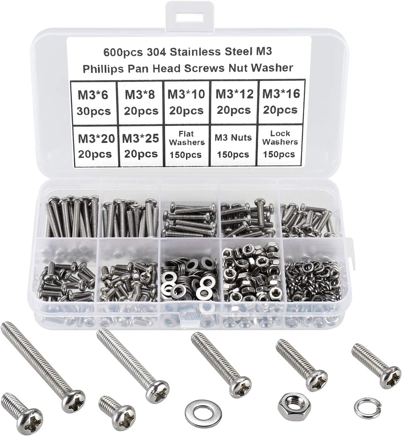 FandWay 600Pcs M3 Screw Assortment Kit 304 Stainless Steel Phillips Pan ...