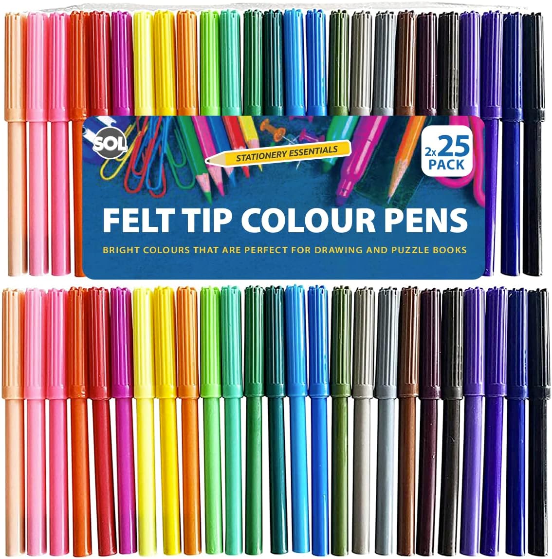 SOL 50 Felt Tip Colour Pens, Bright Colour Felt Tip Pens for Smooth ...