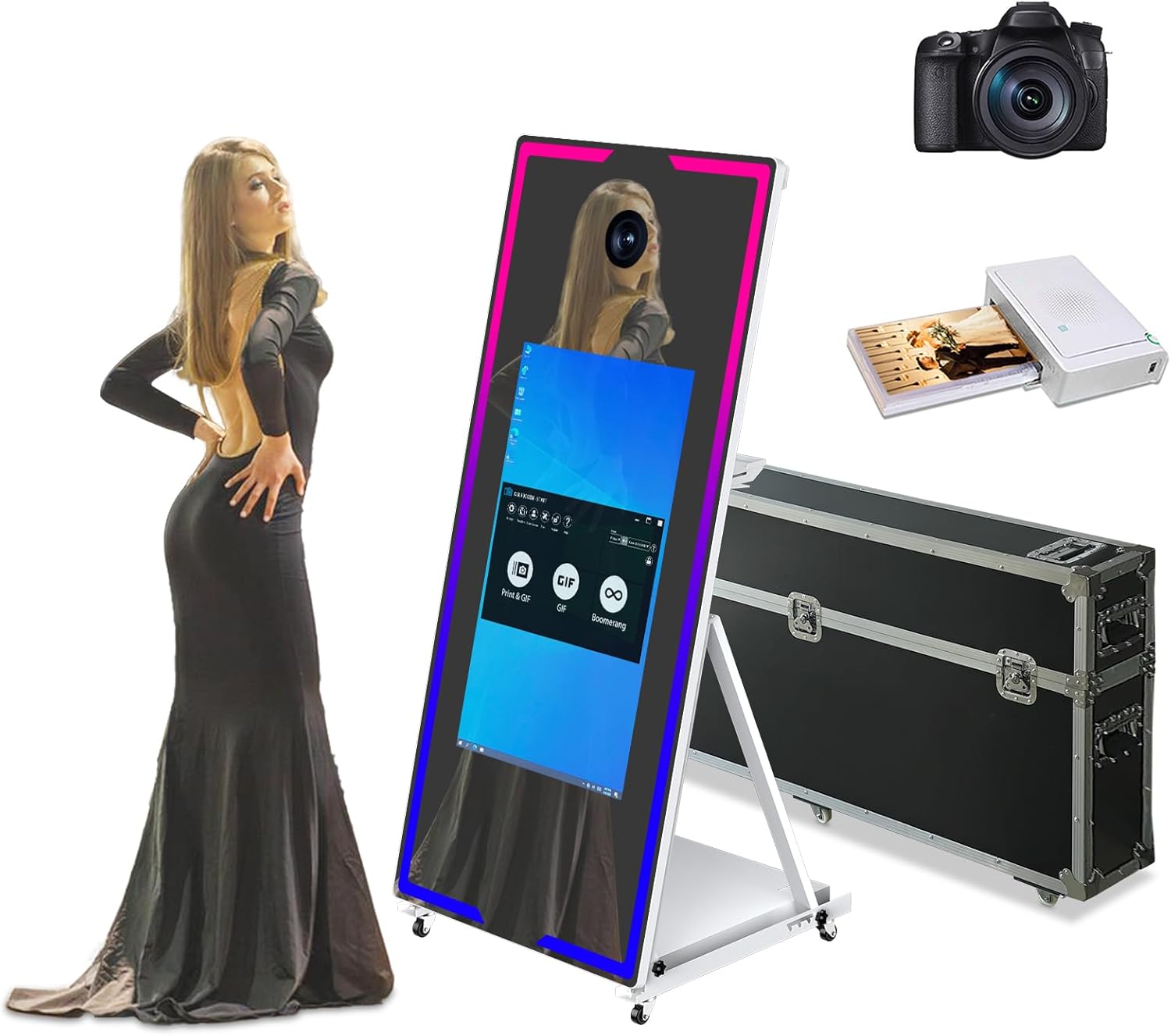 Magic Mirror Photo Booth with Flight Case，65in Movable Mirror ...