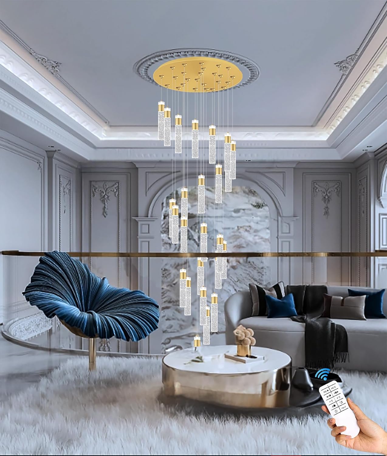 IDEQUY H130 Gold Staircase Chandeliers for High Ceilings with Crystal ...