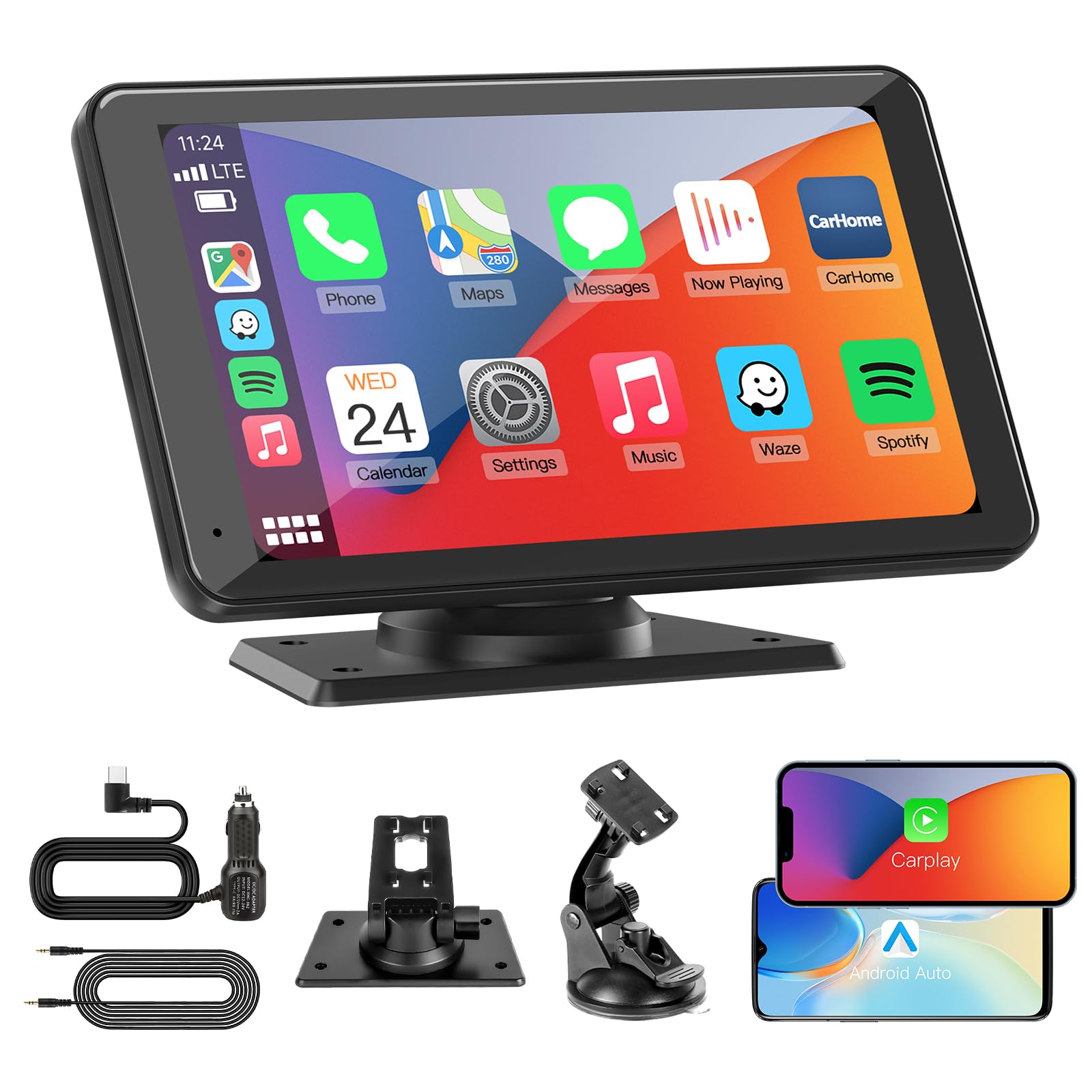 KAXRUO Portable Wireless CarPlay Android Auto Screen - Car Stereo 7" HD ...