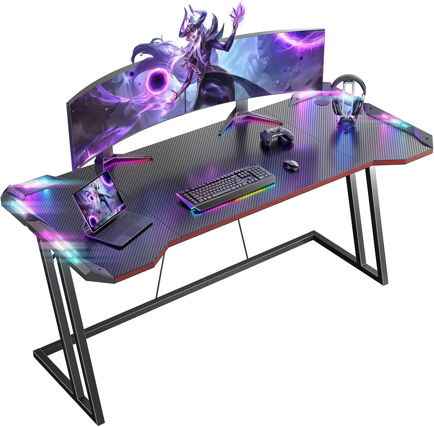 CubiCubi Gaming Desk with LED Lights, 160 x 60cm RGB Computer Desk Z ...