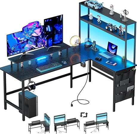 DLONGONE 150 × 100 cm Gaming Desk with LED Lights & Power Outlet ...