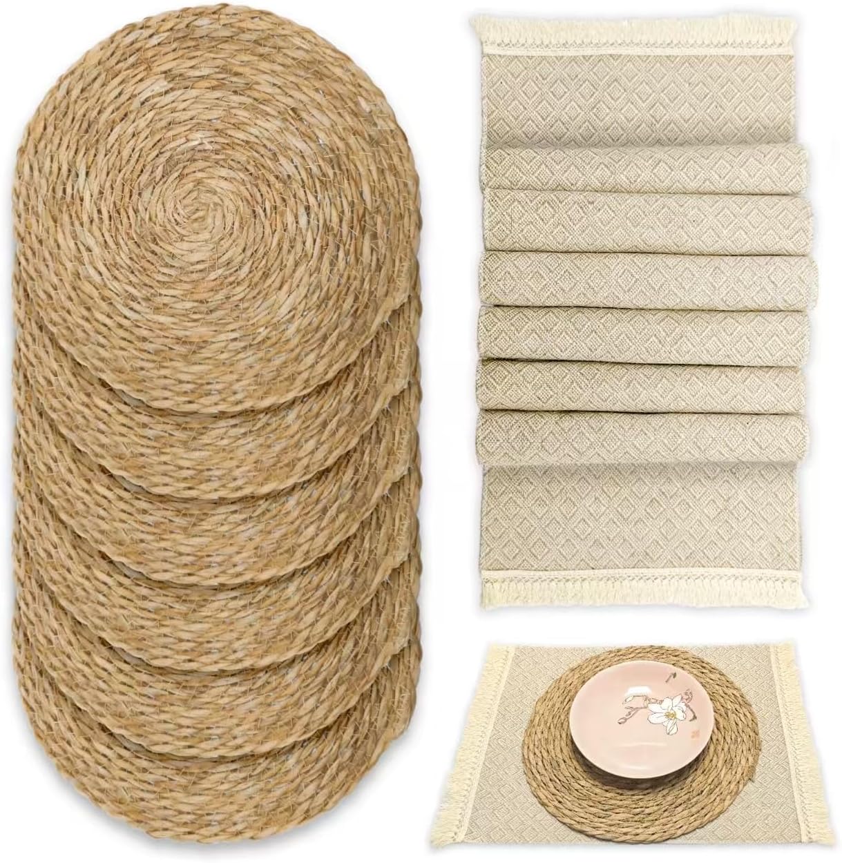 Amazon.com: Boho Placemats Set of 12 - Round Woven & Fringed Square ...